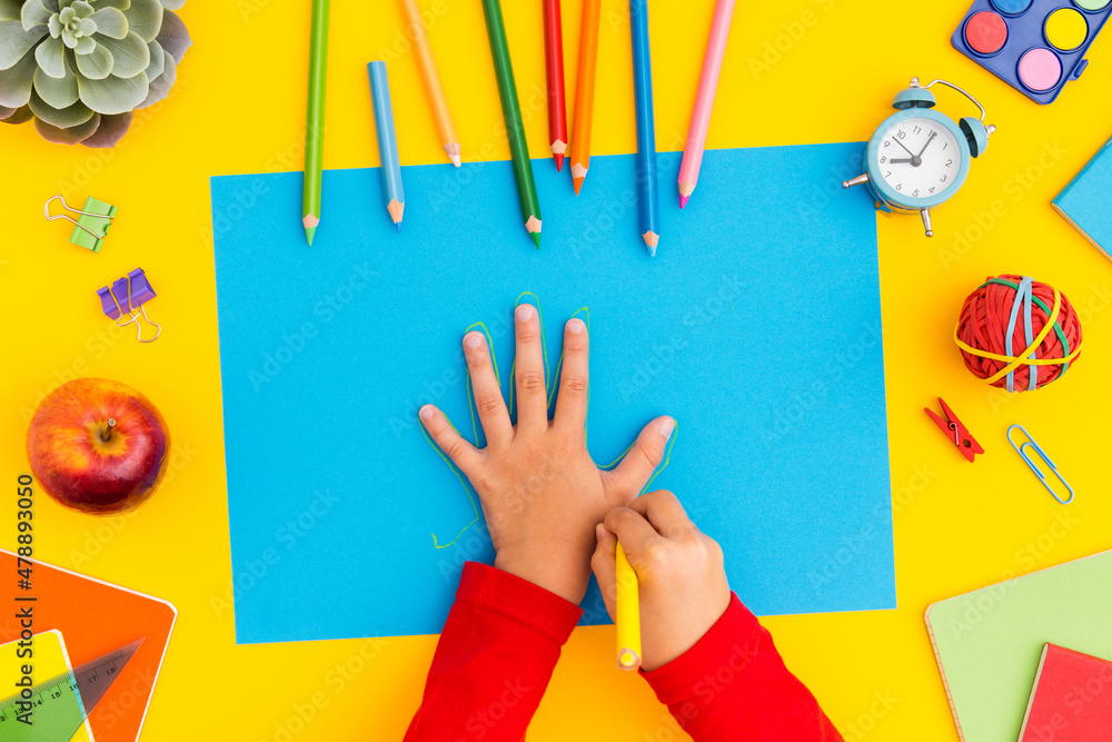 Child drawing hand using yellow pencil. Drawing ideas for kids. Stock ...