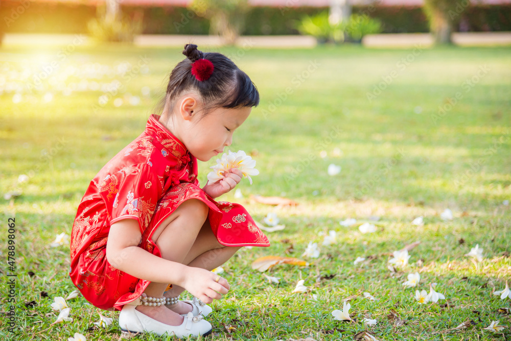 Little chinese girl wearing traditional dress holding flowers and ...