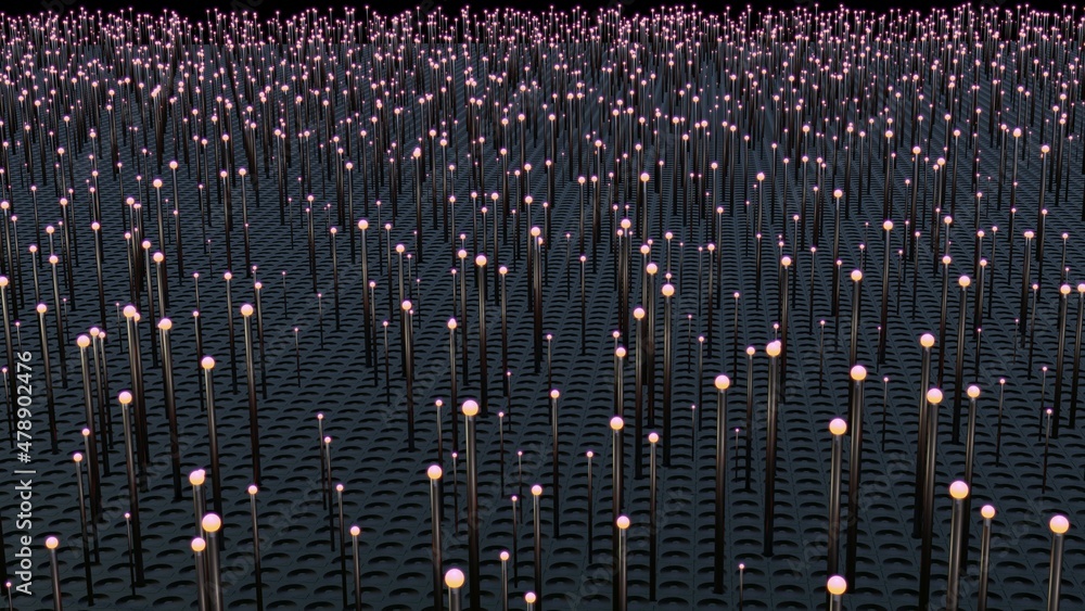 Glowing Nano wires , fiber optic filaments. Array of glowing cylinders ...