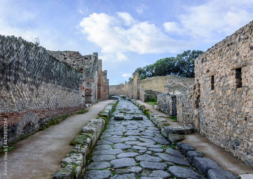 Roman stone paved street and the ruined buildings of the ancient Roman ...