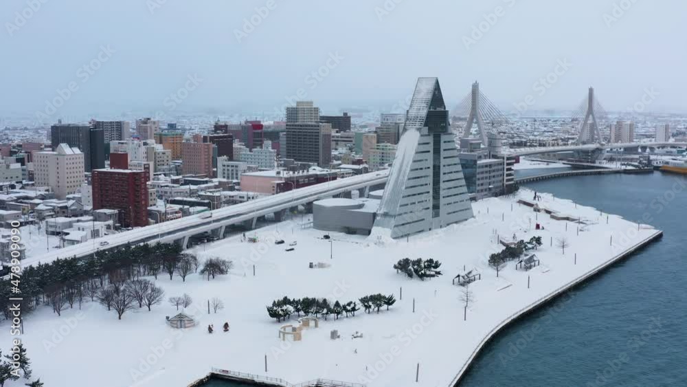 Aomori City Japan, Aerial Rise Shot as Snow Covers the Landscape Stock ...