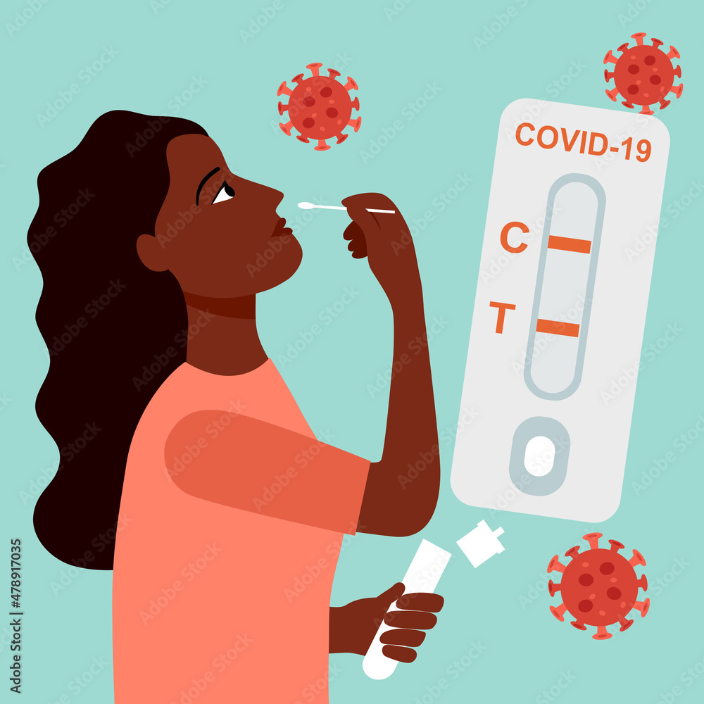 African woman using COVID-19 antigen rapid test kit for checking ...