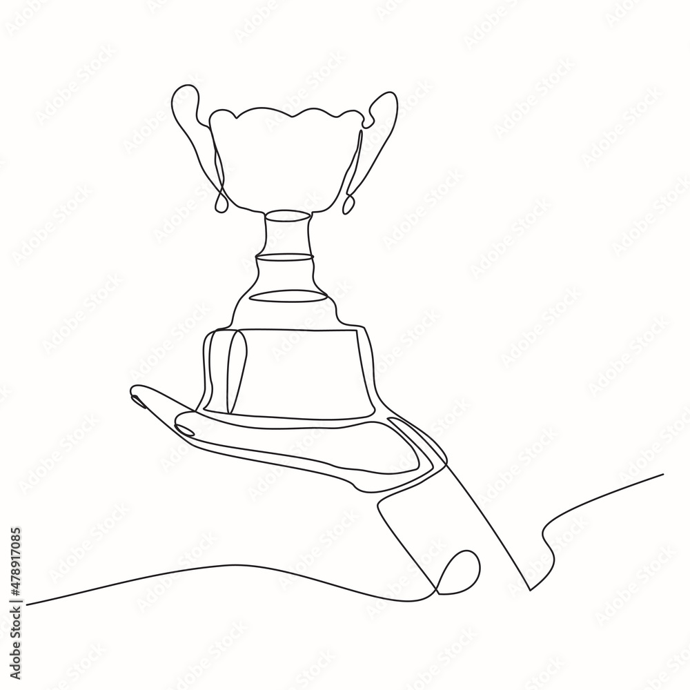 Continuous line drawing of hand holding trophy award celebration ...