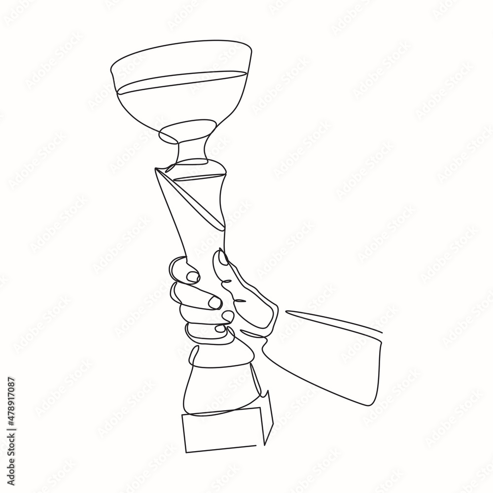 Continuous line drawing of hand holding trophy award celebration ...