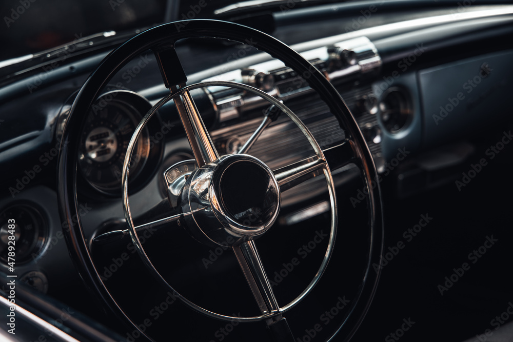 Steering Wheel Of A Retro Vintage Car Stock Photo | Adobe Stock