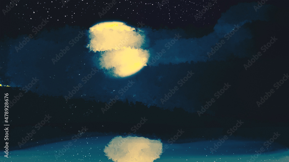 An illustration showing a night with a full moon reflecting in the sea ...