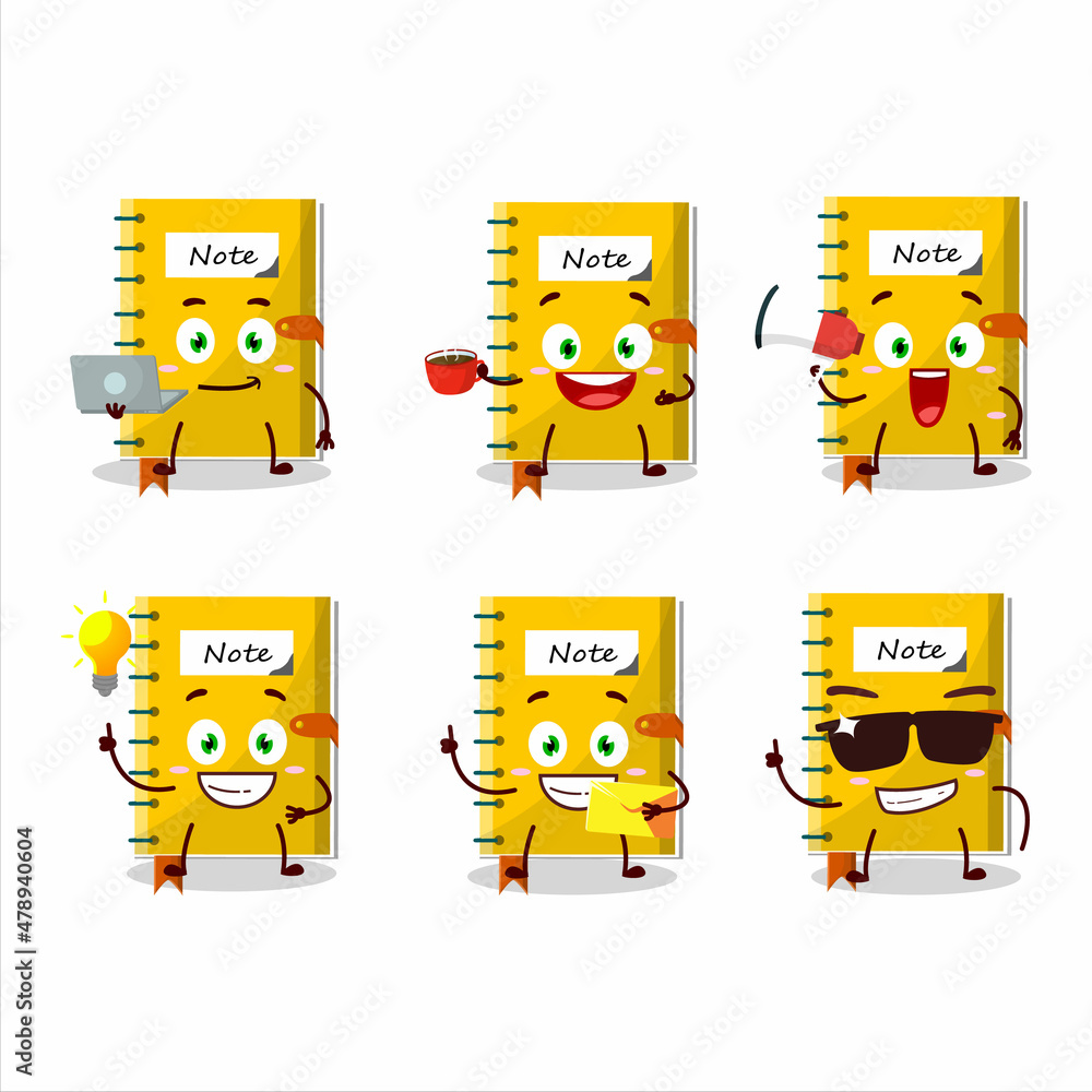Note book cartoon character with various types of business emoticons ...