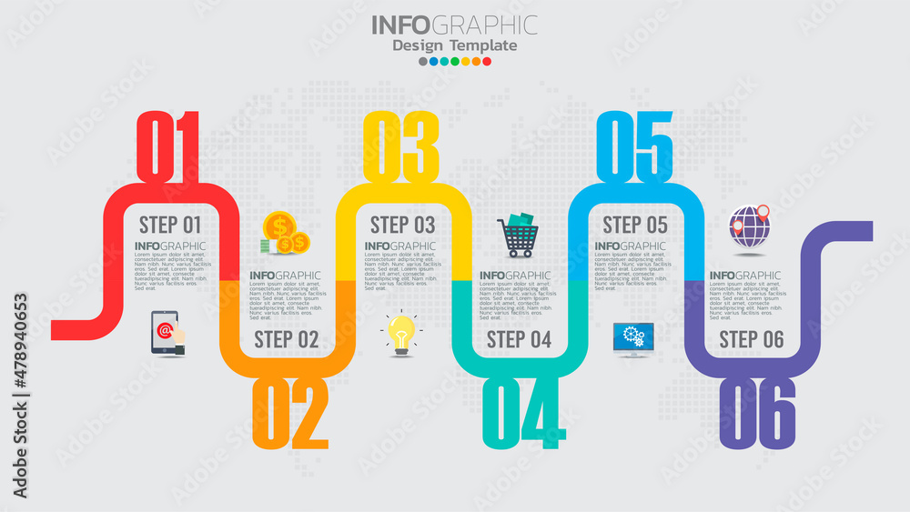 Infographics template with 6 elements workflow process chart. Stock ...