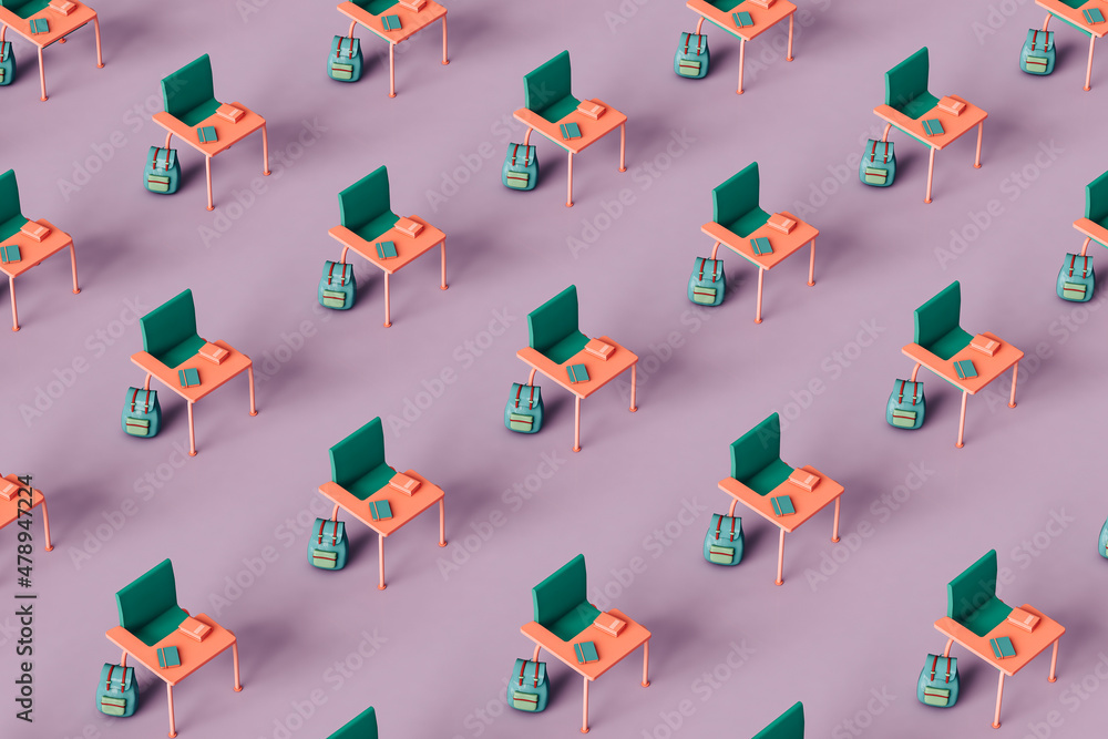 large pattern of colorful 3d School desks Stock Photo | Adobe Stock