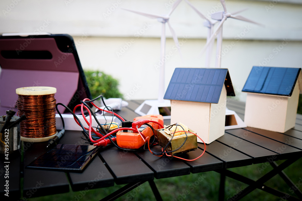 Education set of wind turbine and solar cell, green energy and ...