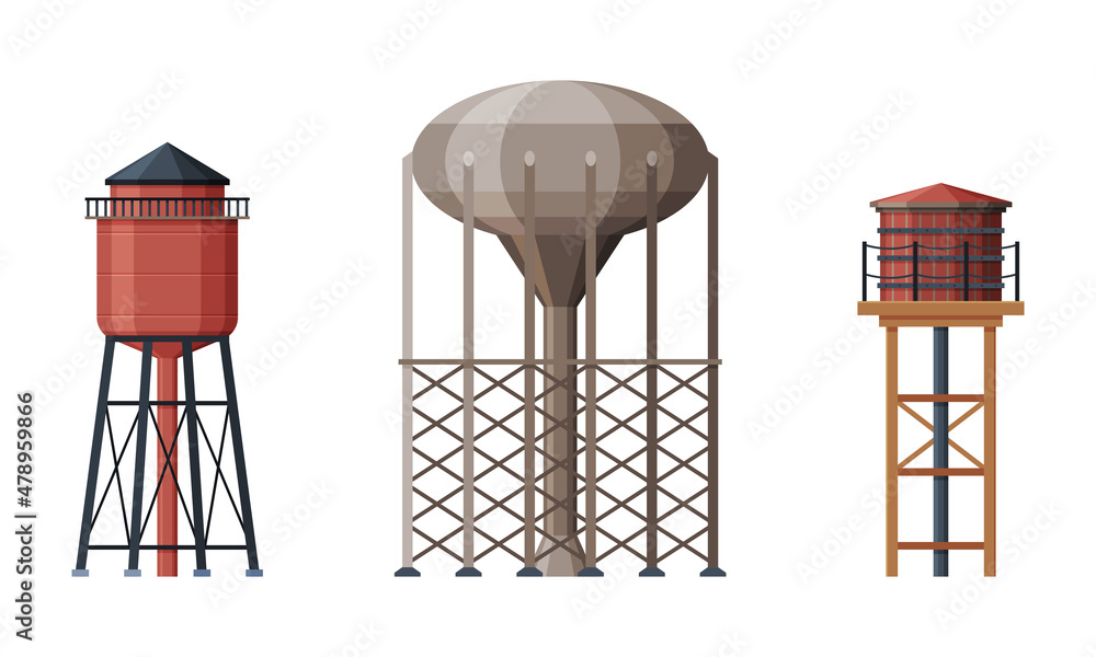 Elevated Water Tower with Tank as Water Supply Storage Vector Set Stock ...