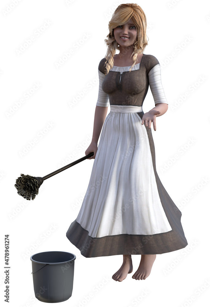 3d Illustration of a young Cinderella girl holding a mop with a bucket at her feet Stock ...