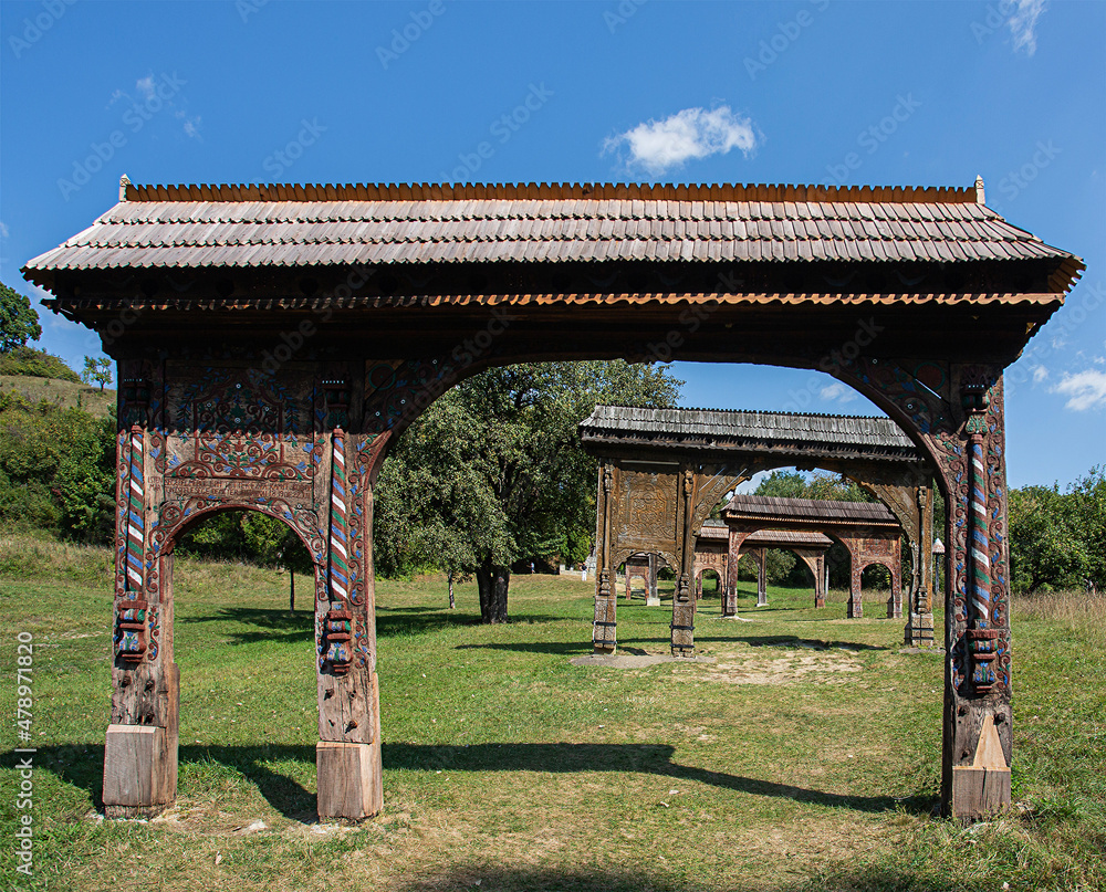 Traditional wooden szekely gate from transylvania. Carved ornamental ...