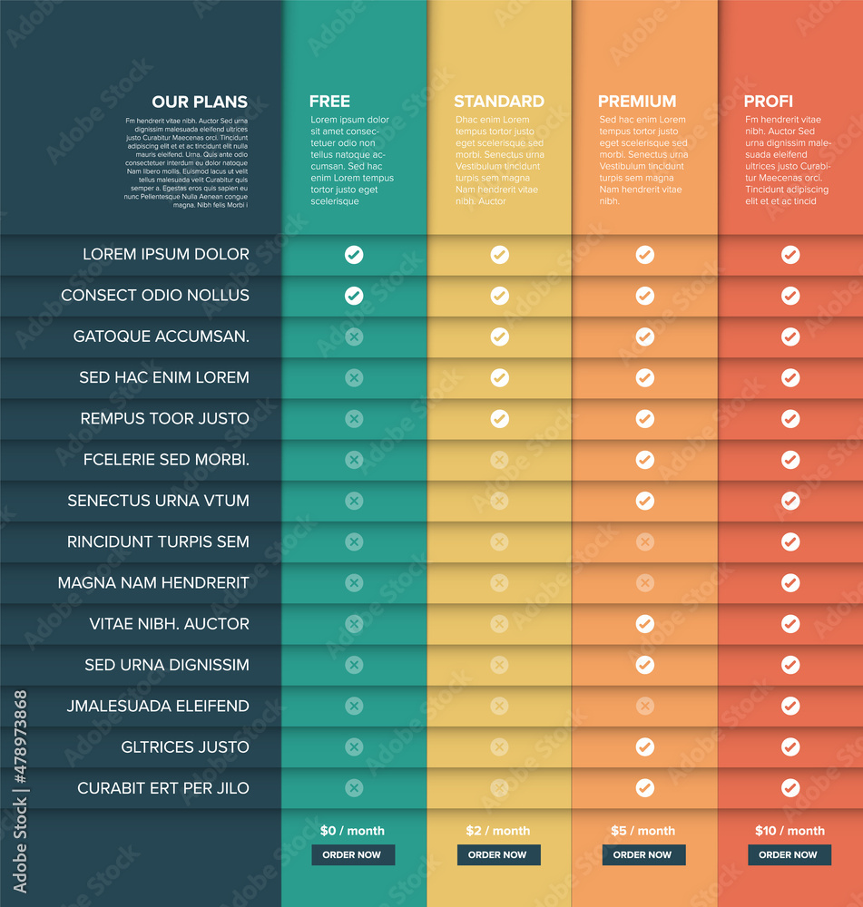 Products versions feature and price list table Stock Vector | Adobe Stock