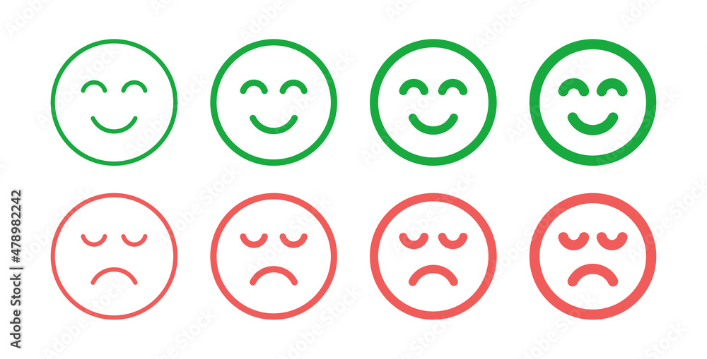 Happy and sad emoji face icon set. Feedback symbol isolated on white ...