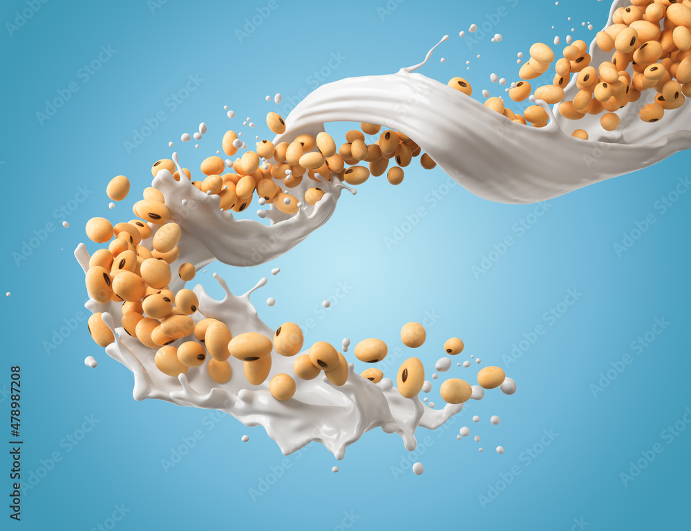Soy milk pouring and splash with soy beans, with clipping path 3d ...