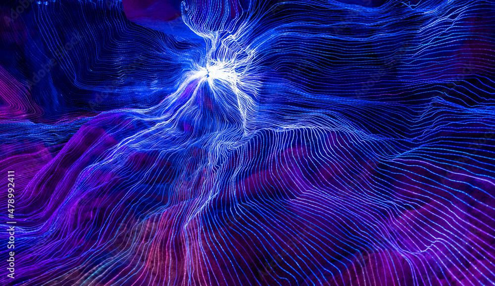 Abstract wave of digital weave lines connecting network dots and dark ...