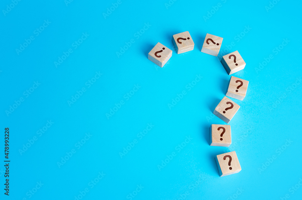 Large question mark made of blocks with question marks. Curiosity and ...
