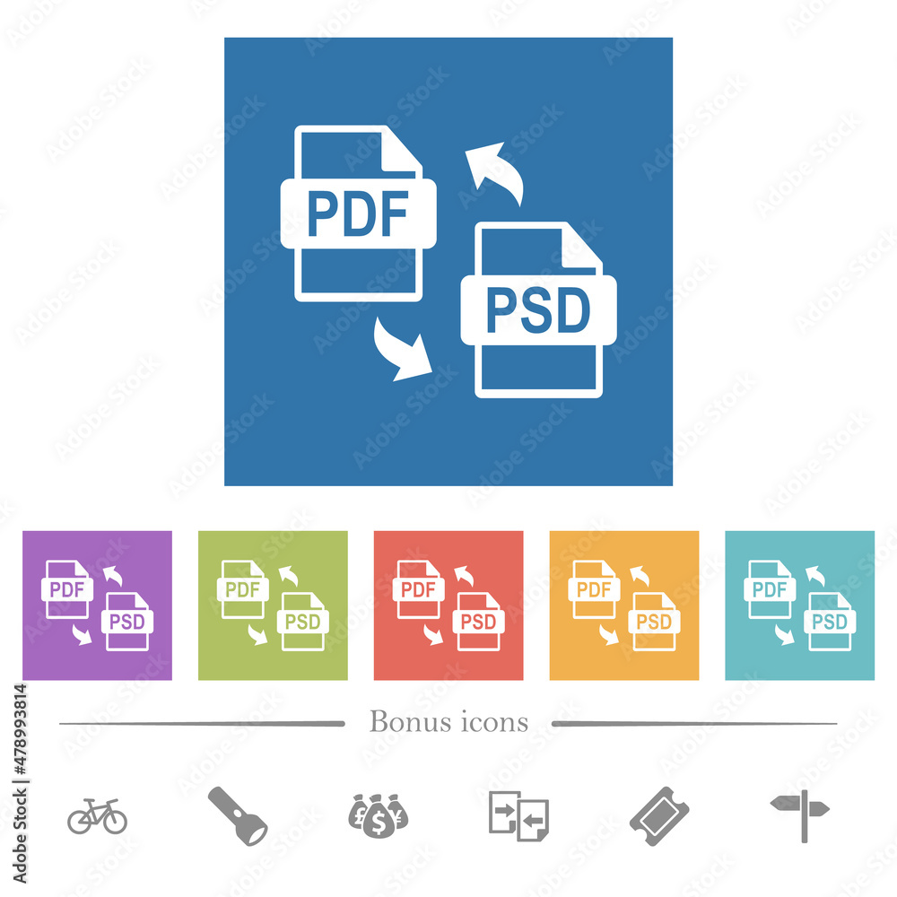 PDF PSD file conversion flat white icons in square backgrounds Stock ...