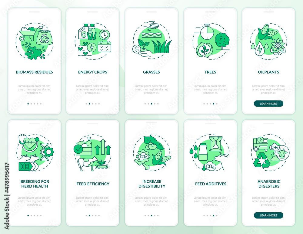 Modern Agribusiness Green Onboarding Mobile App Screen Set Walkthrough 5 Steps Graphic