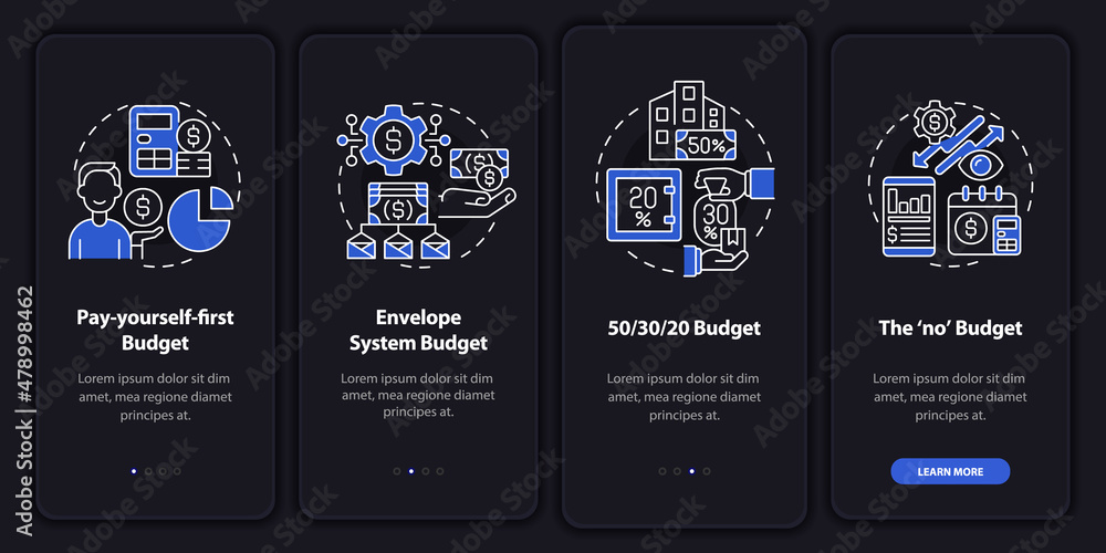 Budget approaches night mode onboarding mobile app screen. Financial ...