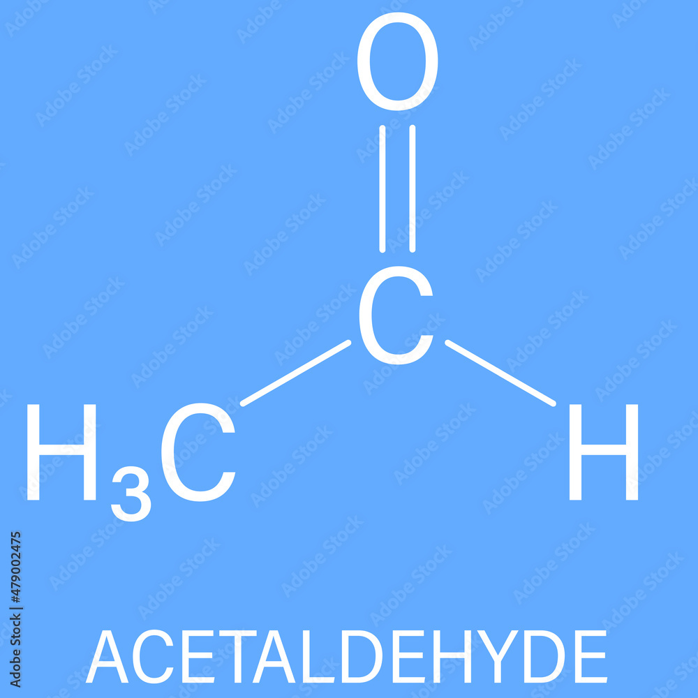 Acetaldehyde or ethanal molecule, chemical structure. Acetaldehyde is a ...