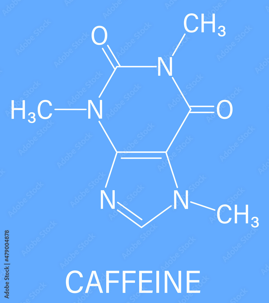 Caffeine stimulant molecule. Present in coffee, tea and many soft and ...