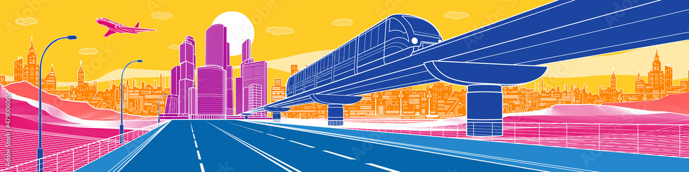 Colorful Infrastructure town illustration. Large highway, train rides ...