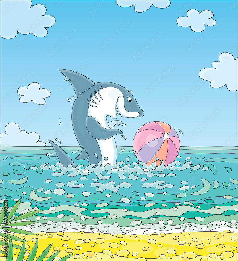 Funny great white shark jumping out of water and playing a big colorful ...