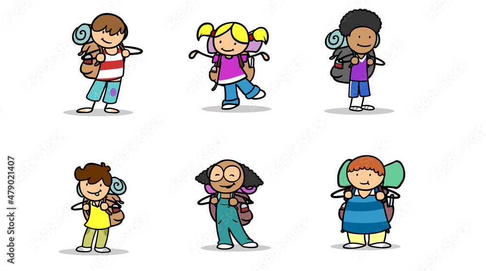 Gruppe Kinder mit Rucksack als Icon Set für Wanderung Stock ...
