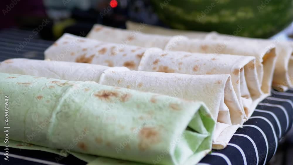 Prepared, Wrapped in a Pita Roll, Shawarma Lies on the Table in the ...