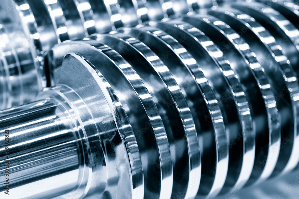 Close up gears of screw compressor. Pneumatic unit. Device for ...