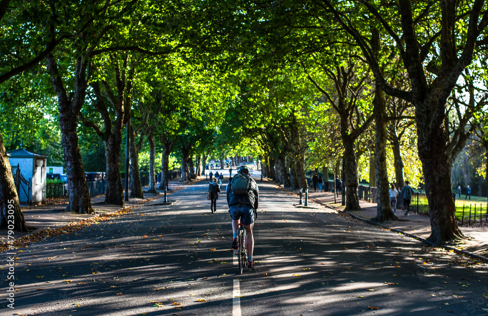Cyclist cycling a bicycle through a city park during summer time ...