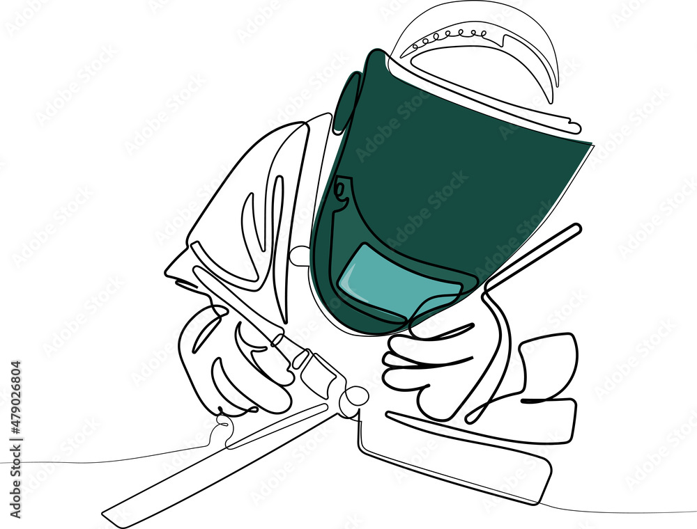 Continuous one line drawing of a male in face mask welds with argon arc ...
