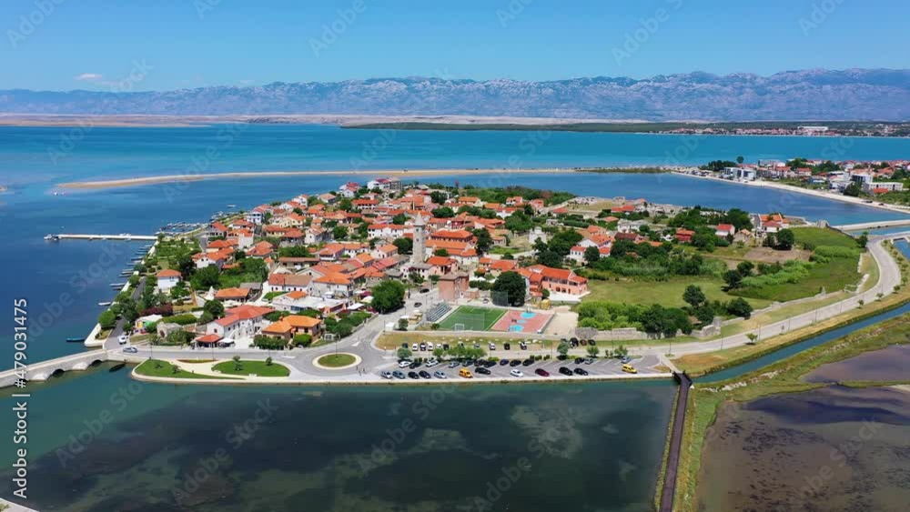 Historic town of Nin laguna aerial view with Velebit mountain ...