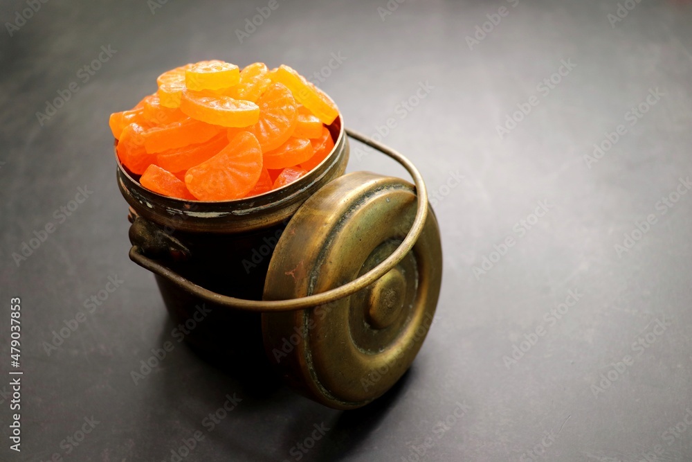 Orange sugar candy. Indian Vintage style boiled sugar confectionery ...