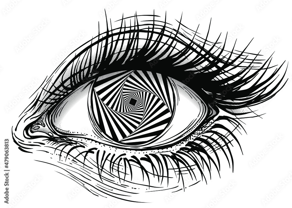 Isolated vector illustration of female eye with spiral striped lines ...