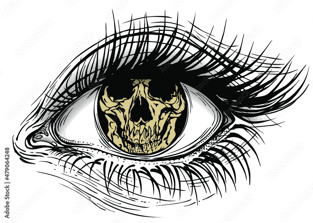 Concept vector illustration of realistic human eye of a girl with skull ...