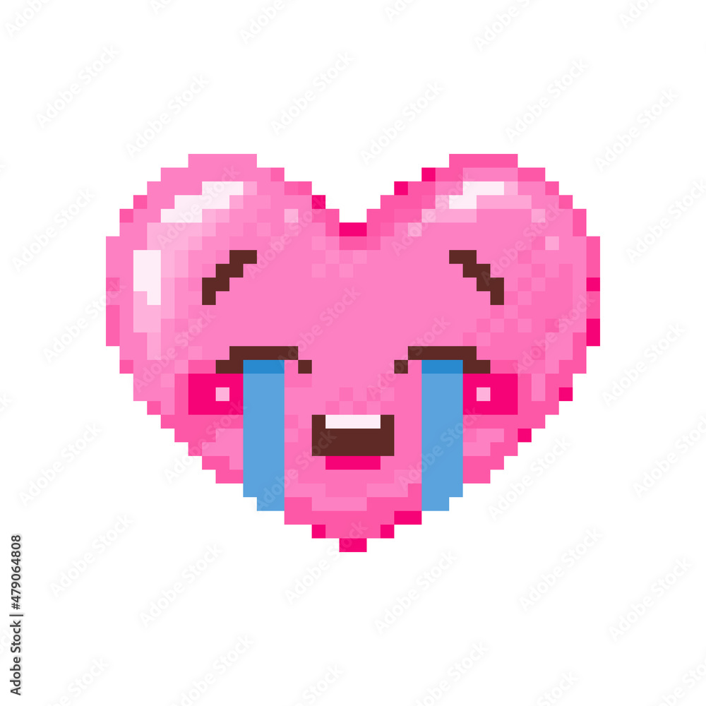 Pixel art loudly crying heart emoji. Vintage 8 bit pixel pink emoticon ...