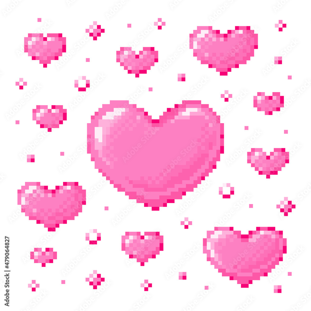 Pixel art hearts set. 8 bit game heart icons collection. Cute pink ...