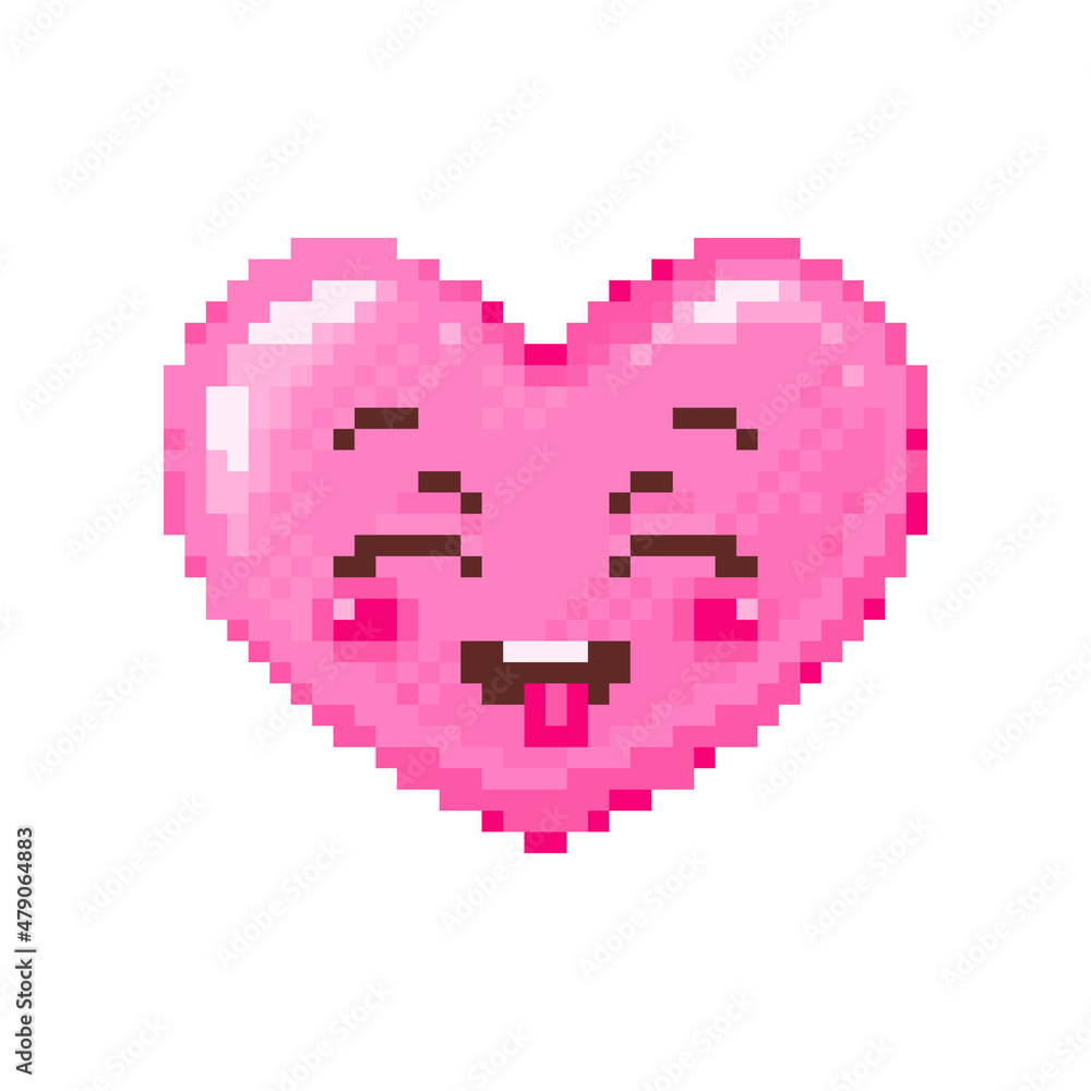 Pixel art fun heart emoji with sticking out tongue. Vintage 8 bit pixel ...