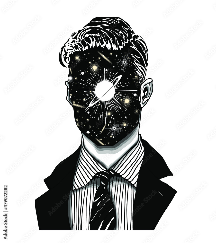 Hand drawn portrait of a strange handsome man with universe and ...