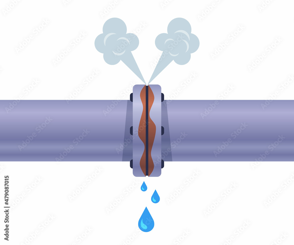 rusty pipe leaks and releases steam. flat vector illustration Stock ...