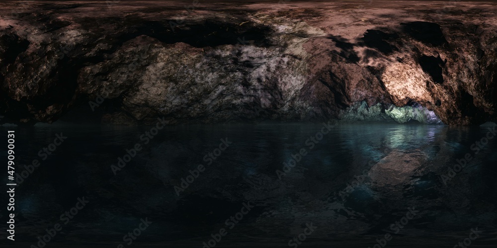 Dungeon, cave, underground lake, HDRI, environment map , Round panorama ...