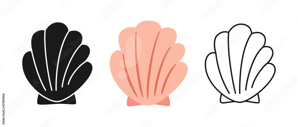 Scallop sign cartoon hand drawn or stamp, doodle outline set. Icon ...