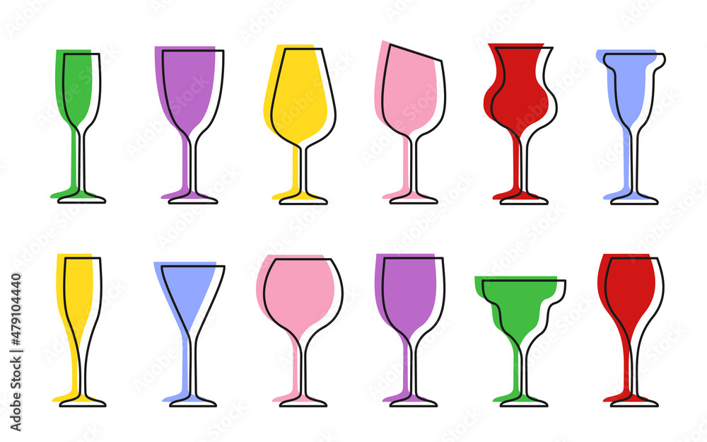 Wine glass thin line outline contour icon set in flat style. Sign ... Wine glass thin line outline contour icon set in flat style. Sign ...
