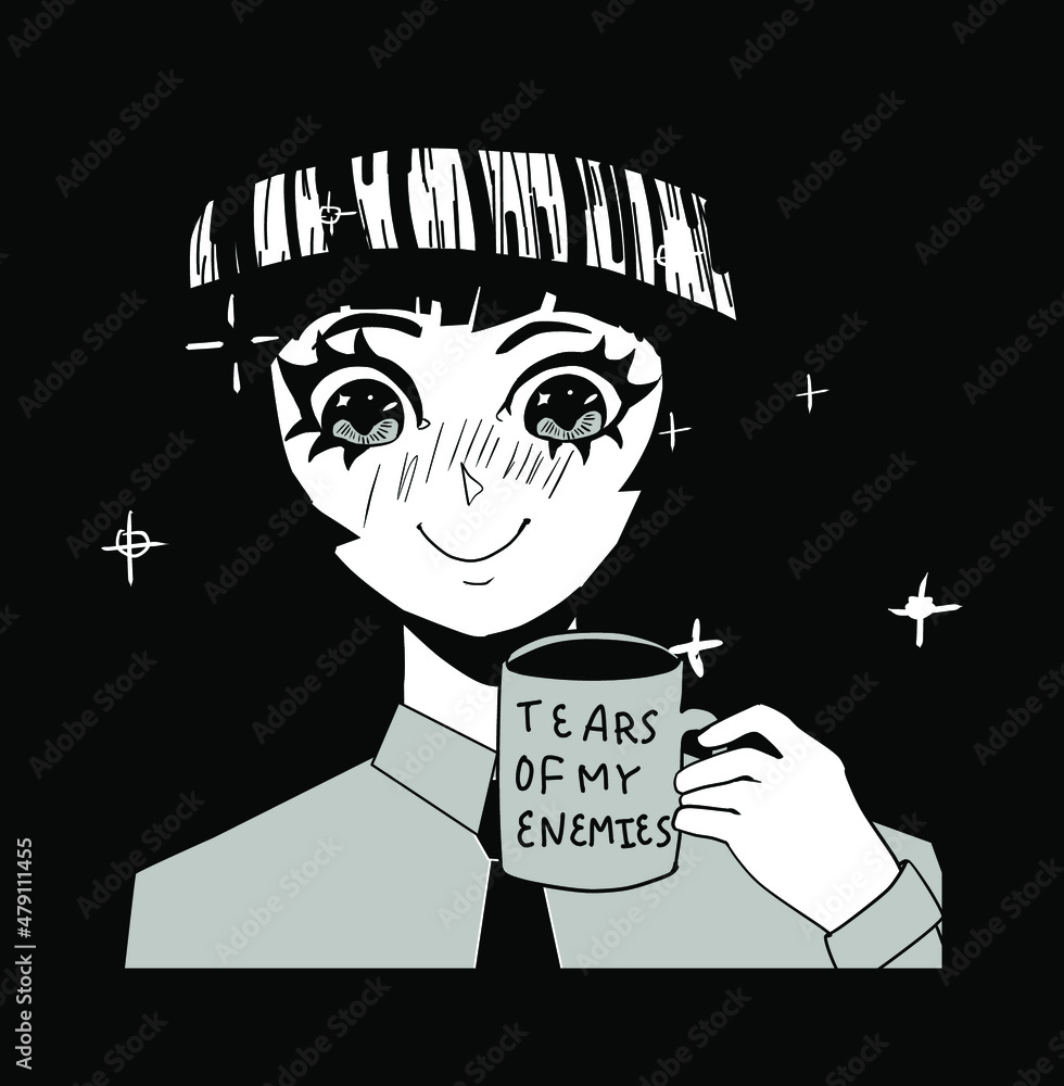 Poster with an dark-haired anime girl holding a cup of tea with the ...