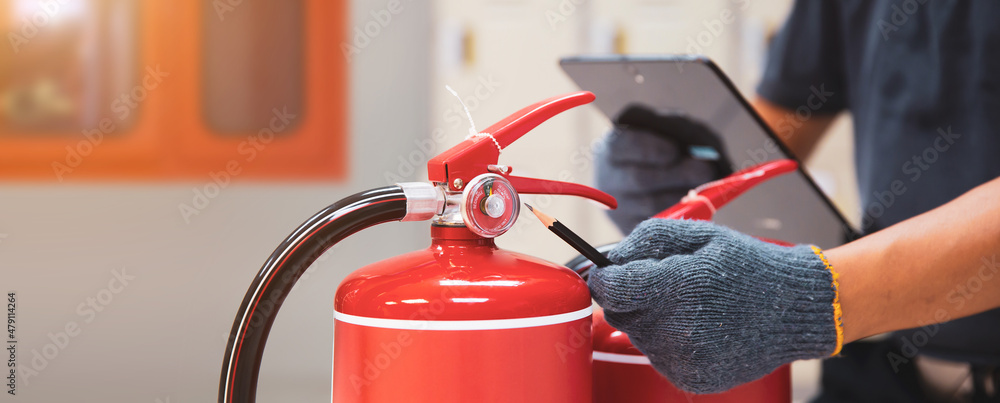Fire extinguisher, Engineer inspection checking pressure gauge level ...