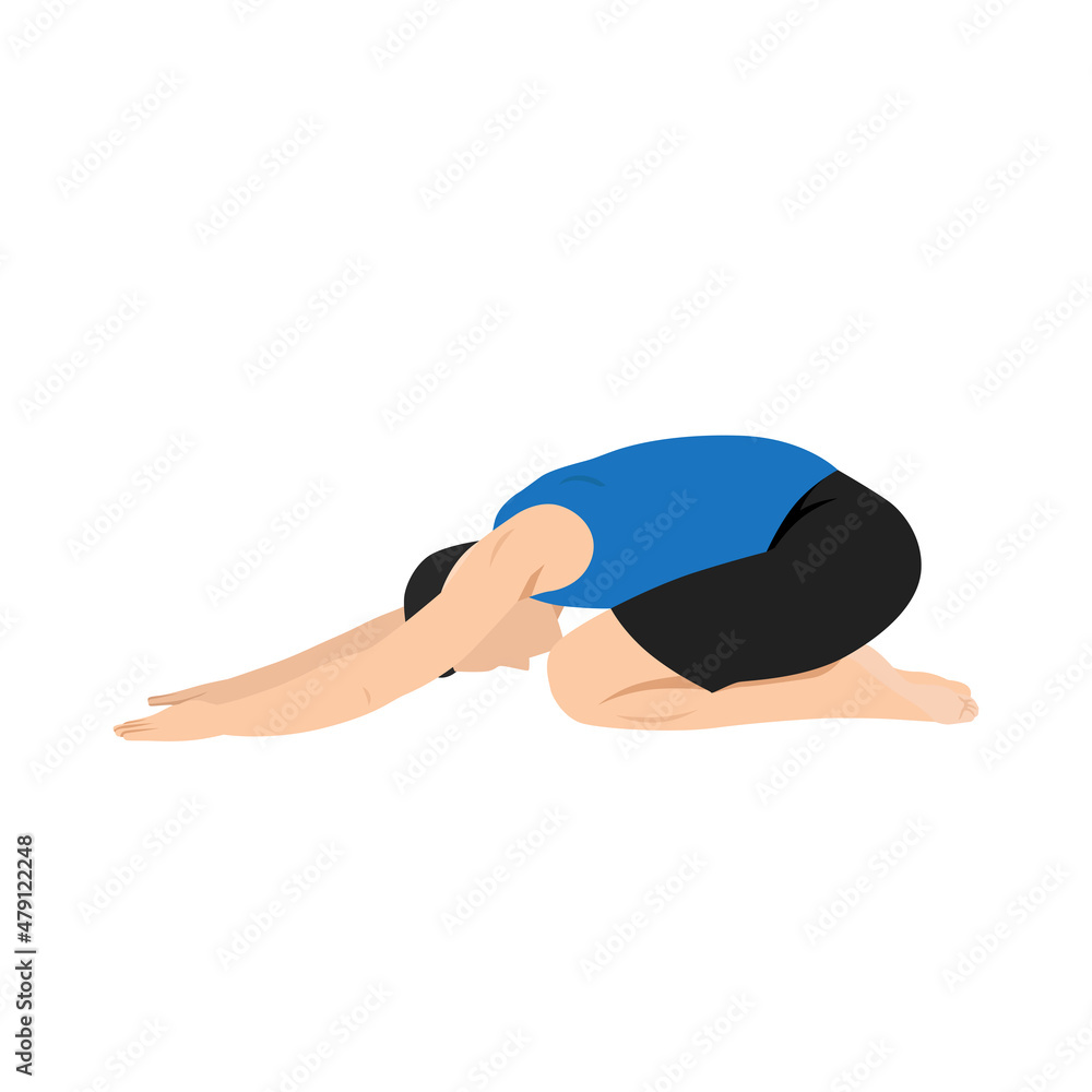 Man doing Child's pose stretch exercise. Flat vector illustration ...