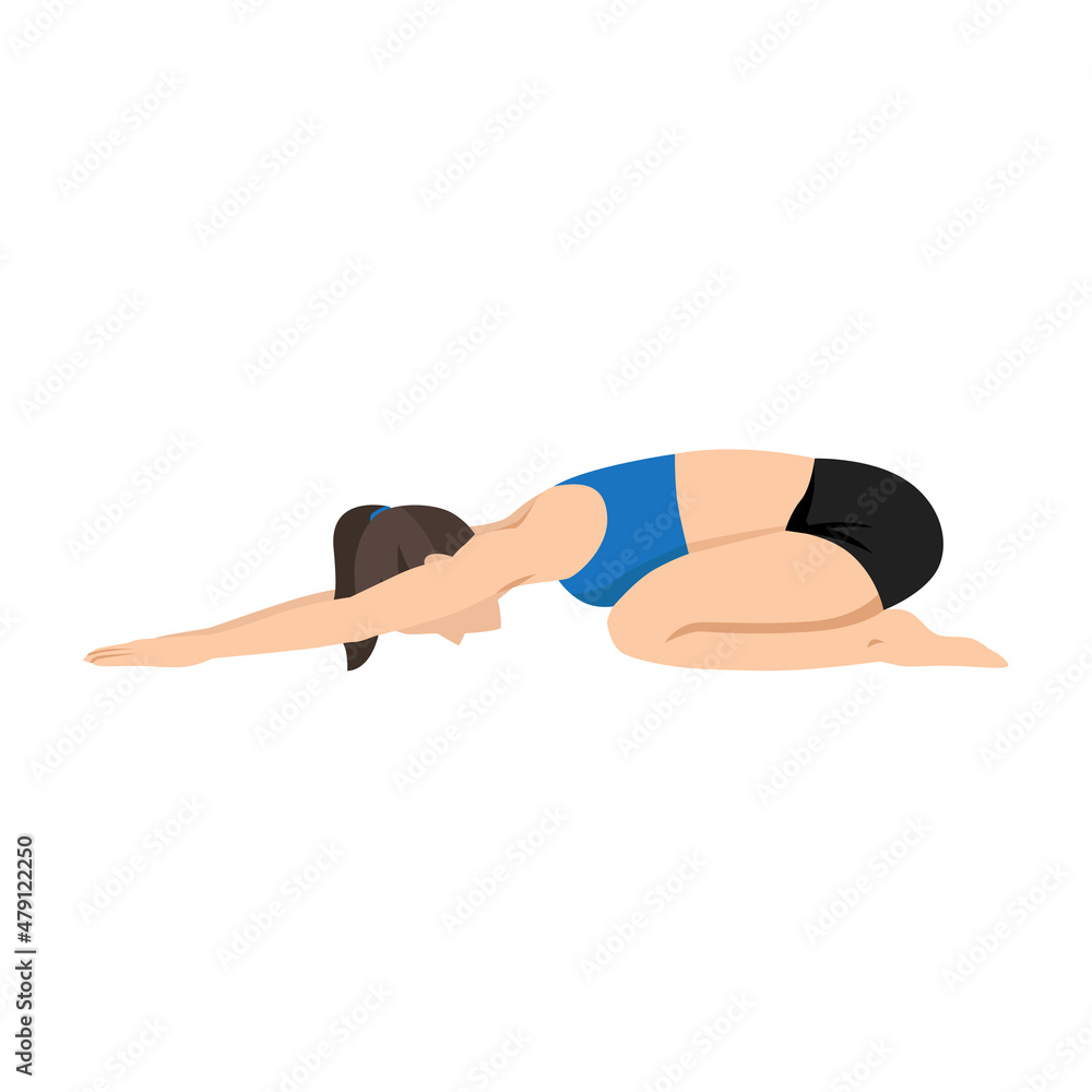 Woman doing Child's pose stretch exercise. Flat vector illustration ...